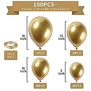 Gold Metallic Chrome Latex Balloon Arch Kit, 100PCS 18In 12In 10In 5In Arch Garland For Baby Shower Engagement, Wedding, Birthday Party, Gold Theme Anniversary Celebration Decoration With 33FT Ribbon