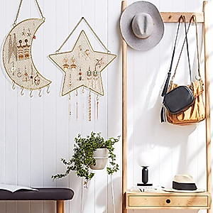Rolin Roly Earring Wall Holder Wall Mounted Jewelry Rack Hanging Earring Organizer with3 Hooks Moon Shaped for Display Grid Golden Bracelet Necklace Ring