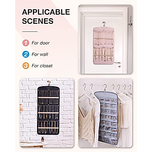 BAGSMART Hanging Jewelry Organizer, Necklace Holder Anti-tangle Earrings Rings Hanger with 20 Jewelry Bags Travel Storage Roll with Pockets Hang on Closet, Wall, Door,1 Piece, Large, Black