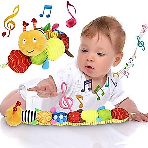 FIOLOM Stuffed Caterpillar Baby Toys Musical Soft Infant Toy Texture Sensory Plush Toys Crinkle Rattle with Ring Bell Ruler Design for Crawling Babies Boys Girls Newborn Preschool Toddler 3+ Month
