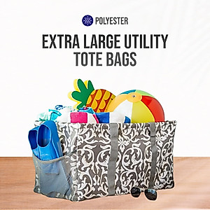 Lucazzi Extra Large Utility Tote Bag - Oversized Collapsible Reusable Wire Frame Rectangular Canvas Basket With Two Exterior Pockets For Beach, Pool, Laundry, Car Trunk, Storage - Gray Elephant