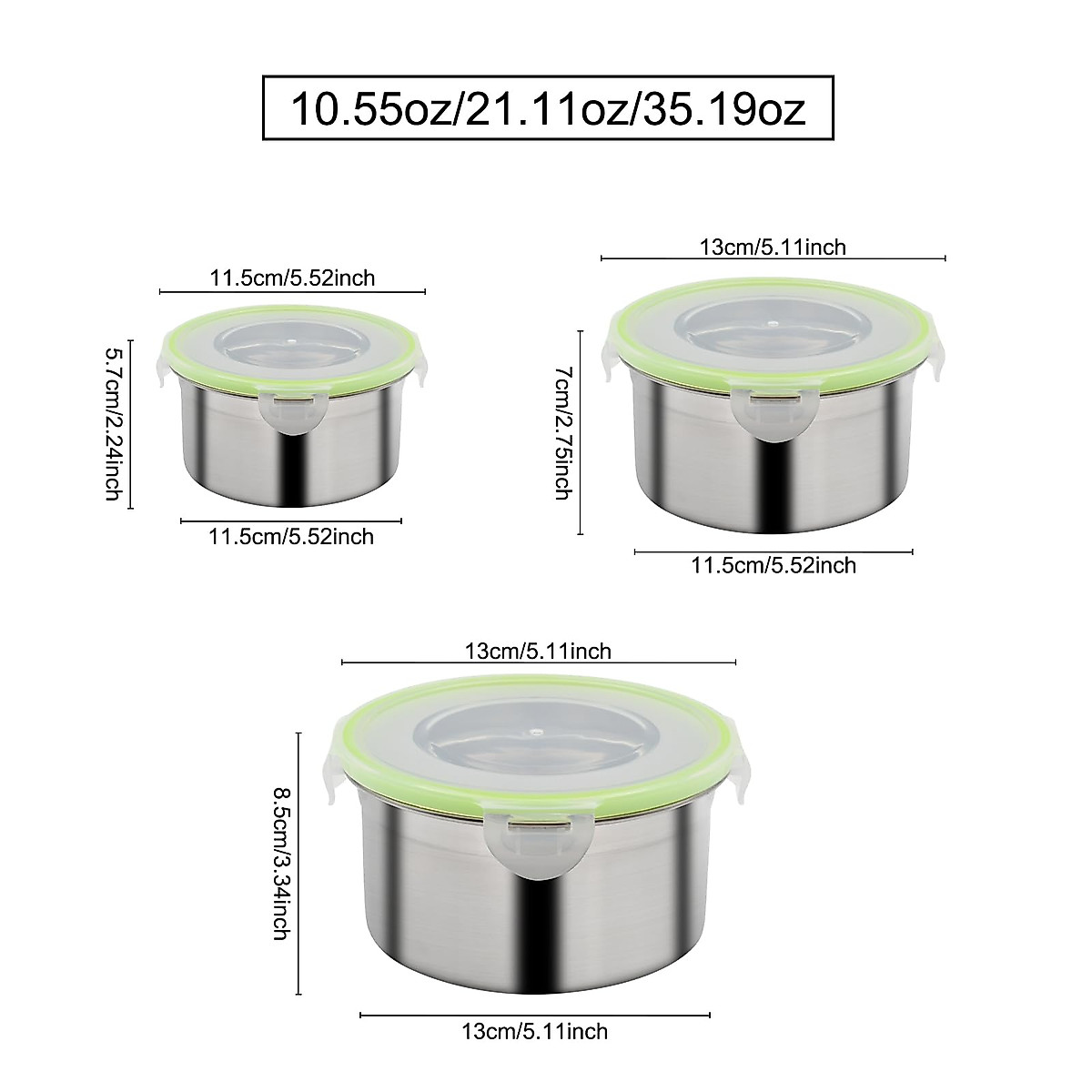 BSDLZCH 3pcs Stainless Steel Food Storage Container Set, Sealed Bowl With Cover Round Meal Prep Lunch Bento Box Kitchen Fresh-keeping Bowl Airtight Food Container for Oven Freezer (Green)