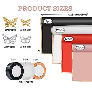 48 Sheets Flower Wrapping Paper , Wrapping Paper with 24 Butterflies 3D and 3 Satin Ribbon , Bouquet Wrapping Paper Waterproof , Papel para Ramos de Flores , Floral Wrapping Paper, Floral Paper (4 Colors)