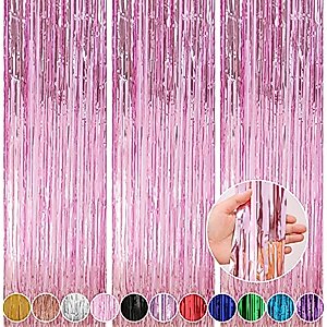 Crosize Pink Foil Fringe Backdrop Streamer Curtains for Birthday Party Decorations, Tinsel Curtain for Parties, Galentines Decor, Preppy, Photo Booth -3.3 x 9.9 ft, 3 Pack