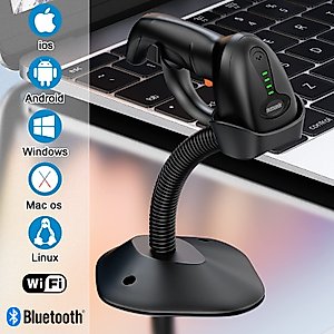 Bluetooth Barcode Scanner with Stand，2.4G Wireless & USB 2D QR Handheld Barcode Reader Scanner for Library Book, Warehouse Inventory, Store