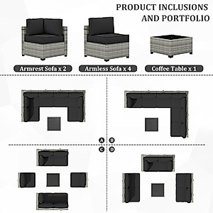 Kimunuk 7-Piece Outdoor Patio Furniture Set with 5" High-Resiliency Seat Cushions, Light Grey Gradient Wicker Sectional Sofa, Modular Wicker Patio Conversation Set, with Coffee Table-Grey/Black