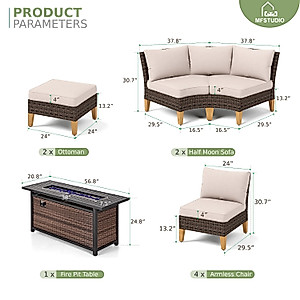 MFSTUDIO 11 Pieces Wicker Patio Furniture Set with 56" Fire Pit Table, All-Weather Rattan Outdoor Half-Moon Patio Sectional Sofa Set, 4 x Curved Sofa, 4 x Armless Sofa, 2 x Ottoman(Beige Cushion)