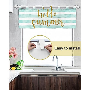 Tab Top Curtain Valance HELLO SUMMER Gold Round Spots on Blue and White Stripes Valance Curtains Light Filtering Rod Pocket Window Treatment Small Valances For Kitchen Cafe Basement, 1 Panel, 54X18In