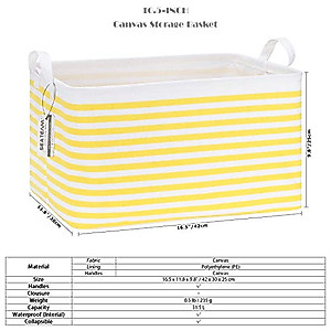 Sea Team Collapsible Canvas Fabric Storage Basket with Handles, Rectangle Waterproof Storage Bin, Box, Cube, Foldable Shelf Basket, Closet Organizer, 16.5 x 11.8 x 9.8 Inches, Yellow Stripe