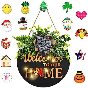 Interchangeable Welcome Sign Front Door Decor,WinGaYe Spring Summer Wood Wreath with 15 pcs Holiday Icons,All Seasons Welcome Wreath Porch Hanging Decoration with Lights for Home Farmhouse