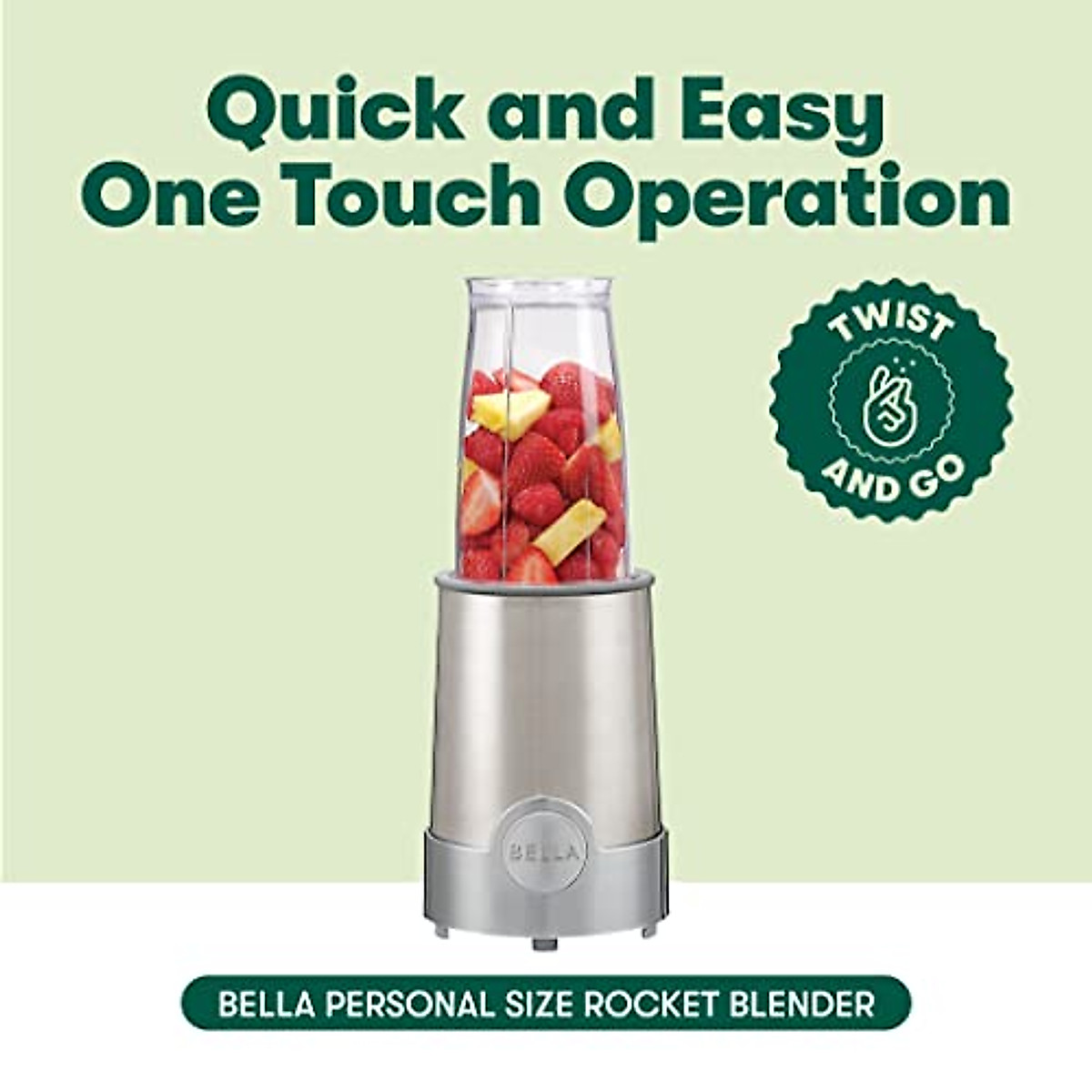 BELLA Personal Size Rocket Blender, Perfect for Smoothies, Shakes & Healthy Drinks, Easy Grinding, Chopping & Food Prep, 285 Watt Power Base, 12 Piece Blending Set, Stainless Steel