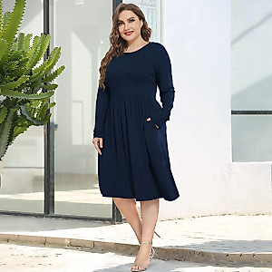 POSESHE Women's Plus Size Casual Long Sleeve Navy Blue Dresses Soft Stretchy Swing Sunflower Home Dress,Navy Blue,L