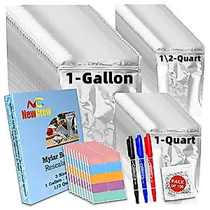 NewCrew 100pcs Mylar Bags for Food Storage with 300cc Oxygen Absorbers, Labels and Pens,10 Mil Extra Thick 1 Gallon,1 Quarter,½ Quarter 10”x 14”/6x9”/5x7” Stand-up Zipper Resealable Mylar Bags