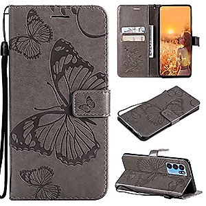 SATURCASE Case for Oppo Reno 6 Pro 5G, Butterfly Embossing PU Leather Flip Magnet Wallet Stand Card Slots Hand Strap Protective Cover for Oppo Reno 6 Pro 5G (Gray)