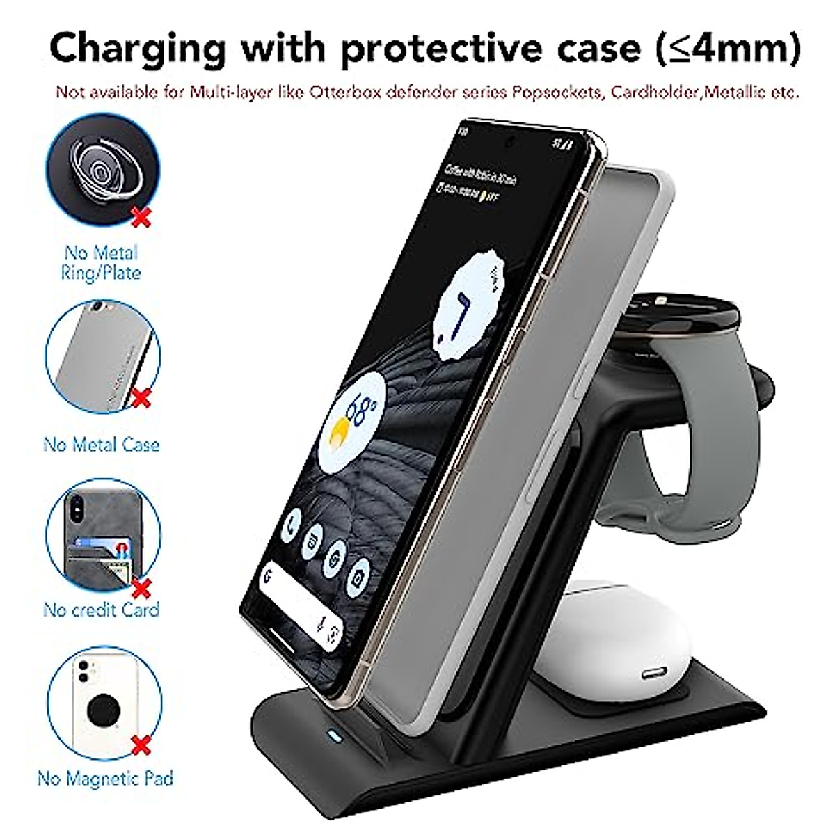 Upgraded 3 in 1 Wireless Charger for Google Pixel Watch, Pixel Fold/7a/7/7 Pro/6/6 Pro/5/4, Pixel Buds Pro, Wireless Charging Station for Multiple Devices iPhone 14/13, Airpods 3/2/1/Pro (Dark Black)