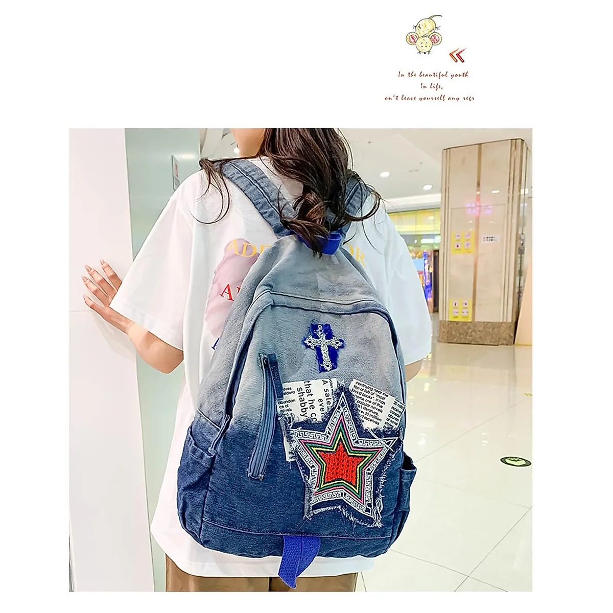 TUAQIANG Women's denim aesthetic backpack Y2K backpack casual Gothic denim backpack classic vintage travel day bag (Style 2,One size)