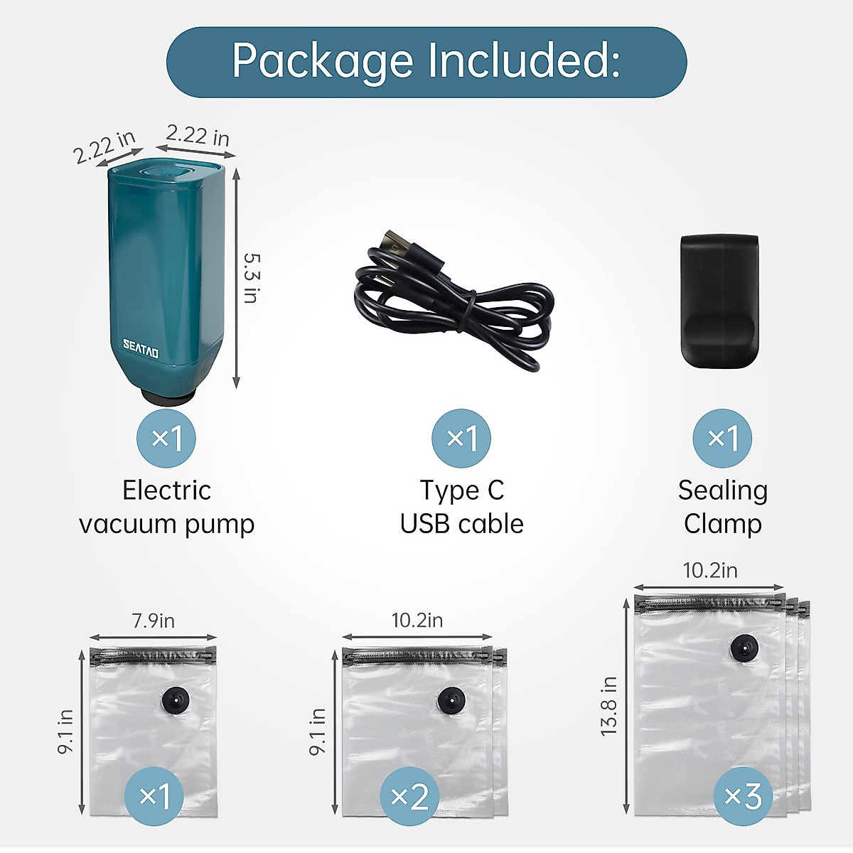 Sous Vide Bags,SEATAO Upgraded Electric Vacuum Sealer Rechargeable handheld vacuum sealer & reusable vacuum seal bags with 6 Vacuum Zipper Bags 1 sealing clips