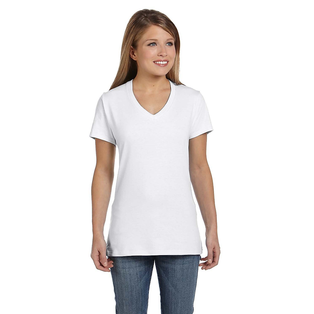 Hanes Ladies Perfect-T Cotton V-Neck T-Shirt. ,WHITE,XS