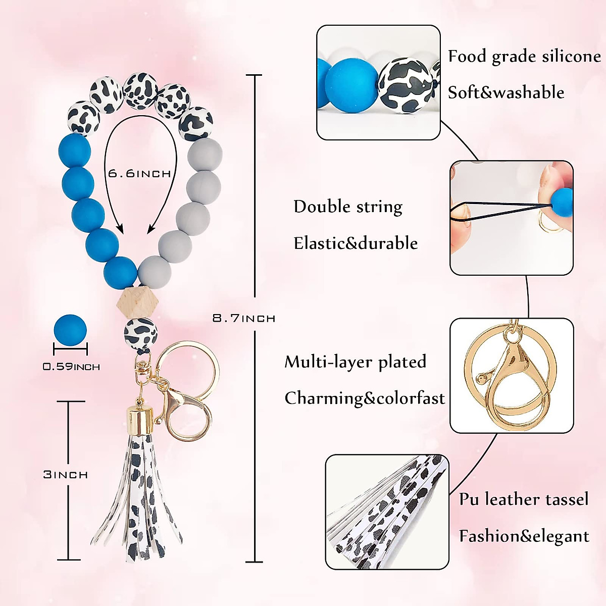 BAOSIWA Silicone Beaded Key Chain Bracelet Wristlet Keyring Turquoise Cow Bangle Keychains for Women with Leather Tassel