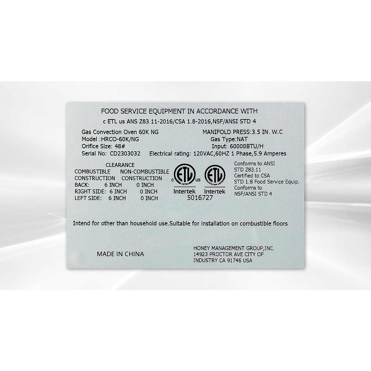 Commercial Convection Oven, Natural Gas or Propane, 60000 BTU, Single Deck, Four Legs, Restaurant Kitchen Bakery HRCO-60K