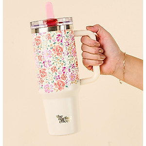 The Darling Effect Tumbler with Handle Matching Lid and Straw 40 oz Tumbler with Reusable Straws Garden Pink Stainless Steel Travel Mug 6 Piece Set for Hot Drinks Iced Coffee
