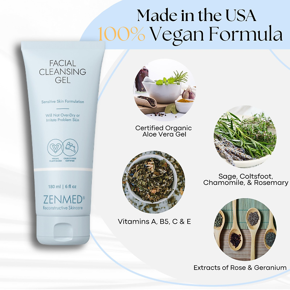 ZENMED Gentle Facial Cleanser 6 oz for Women and Men - All-in-One Cleanser Face Wash | Hydrating Cleanser & Gel Cleanser for Sensitive Skin | Natural, Organic Facial Wash - USA Made