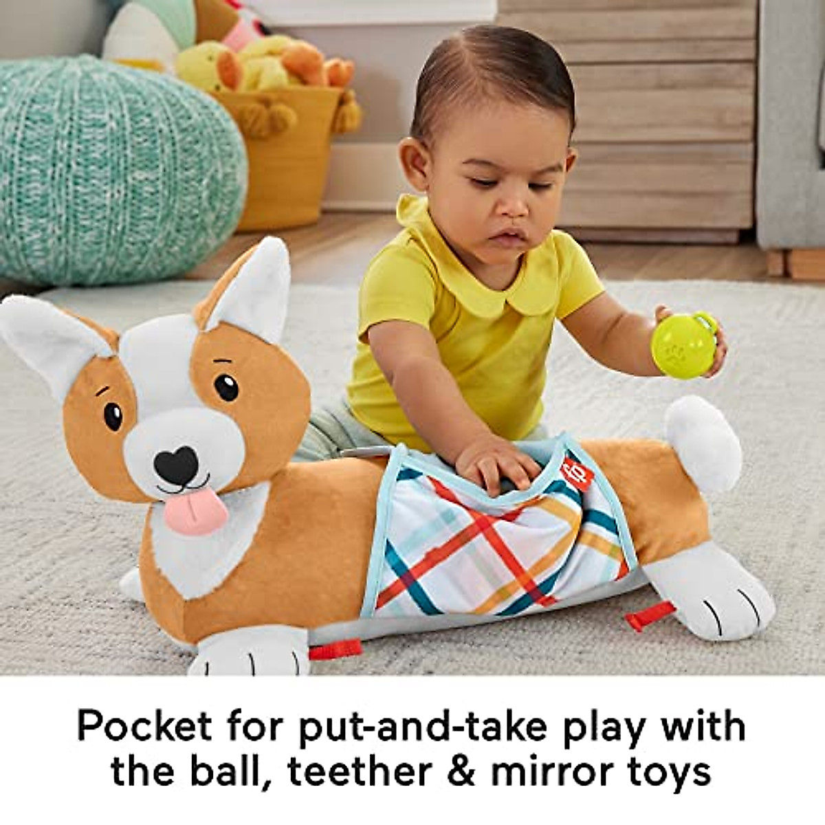 Fisher-Price Baby Tummy Time Toys, 3-in-1 Plush Puppy Wedge with BPA-Free Teether Rattle and Mirror Toys