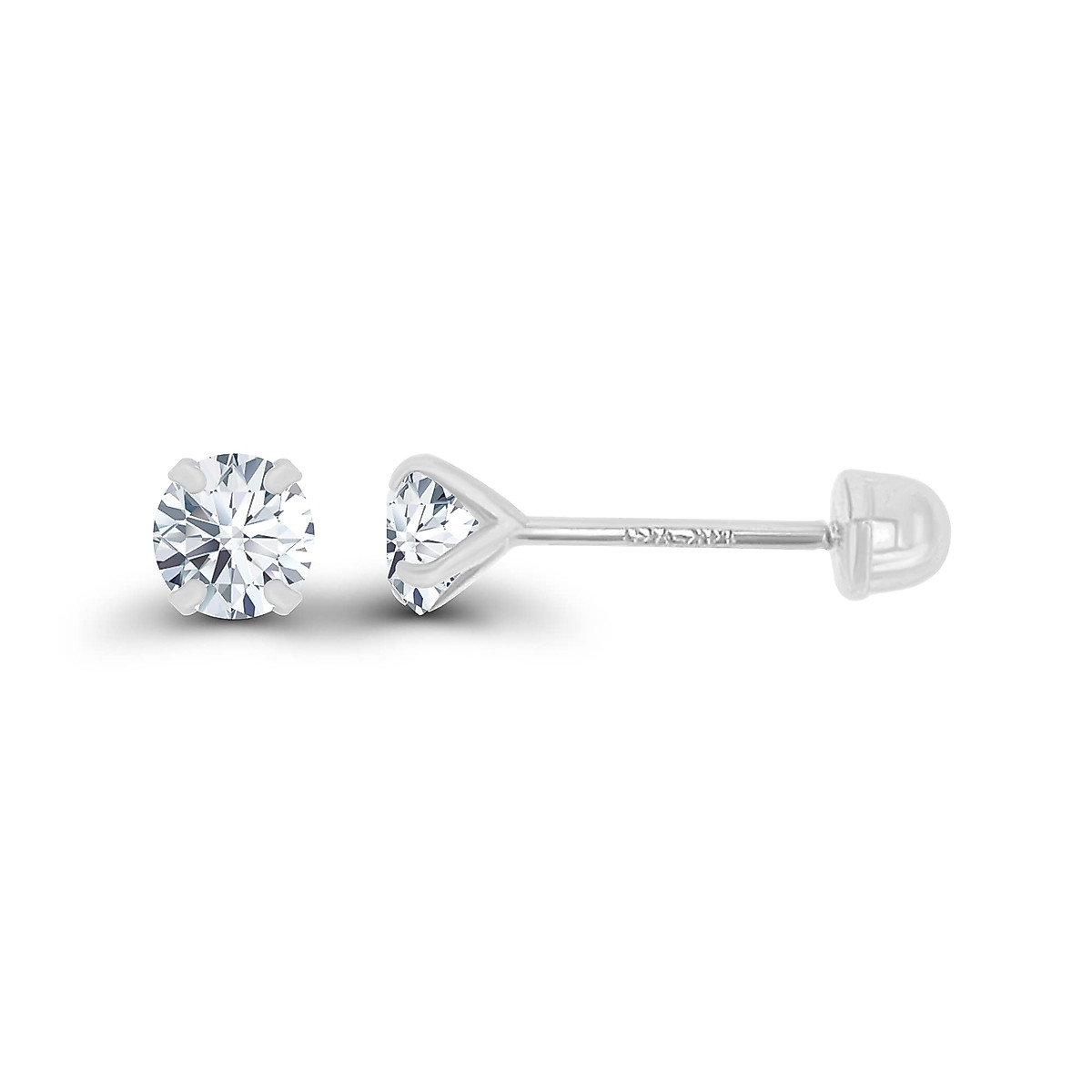 Solid 14k White Gold Hypoallergenic Round Cubic Zirconia Solitaire Stud Earrings With Secure Ball Screw Backs For Women, 3mm