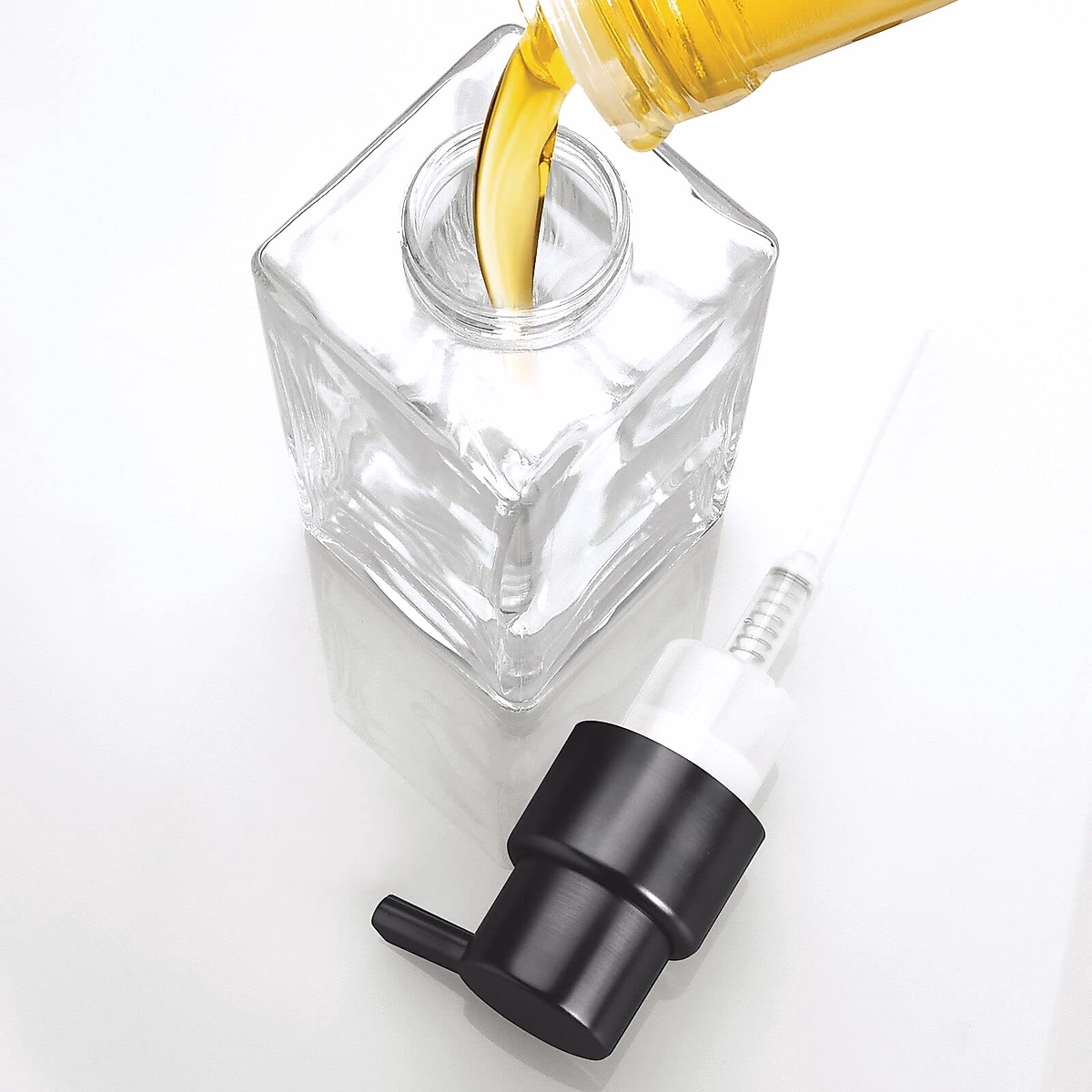 mDesign Glass Refillable Foaming Hand Soap Dispenser Modern Square Pump Bottle for Bathroom Vanities or Kitchen Sink, Countertops - 2 Pack - Clear/Black