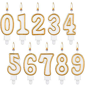 10 Pieces Cake Number Candles Birthday Numeral Candles Numbers 0-9 White Candles with Golden Edges Cake Topper Candle Decoration for Wedding Birthday Party Supply