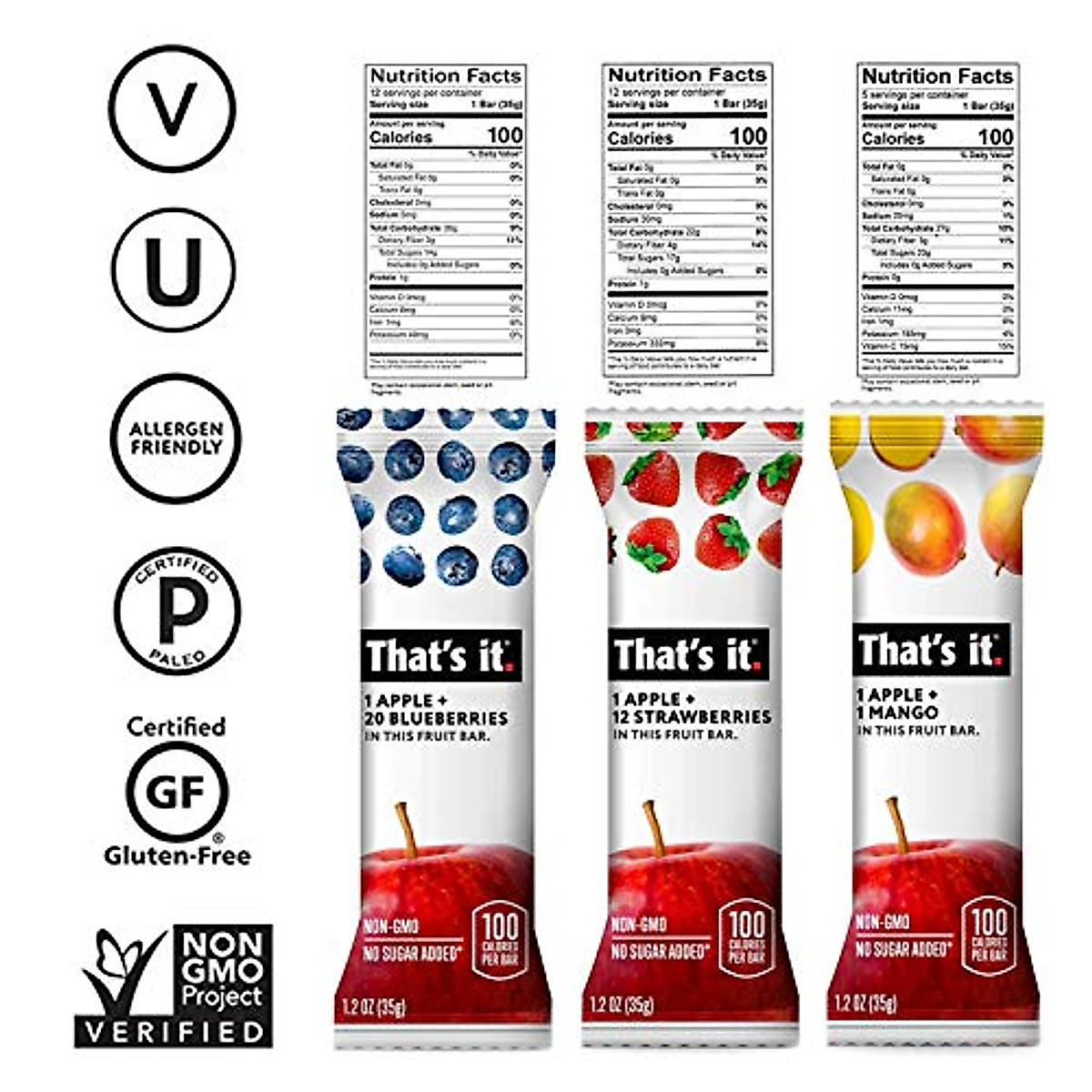 That's it. Variety Pack 100% Natural Real Fruit Bar, Best High Fiber Vegan, Gluten Free Healthy Snack, Paleo for Children & Adults, Non GMO No Added Sugar, No Preservatives Energy Food (12 Pack)