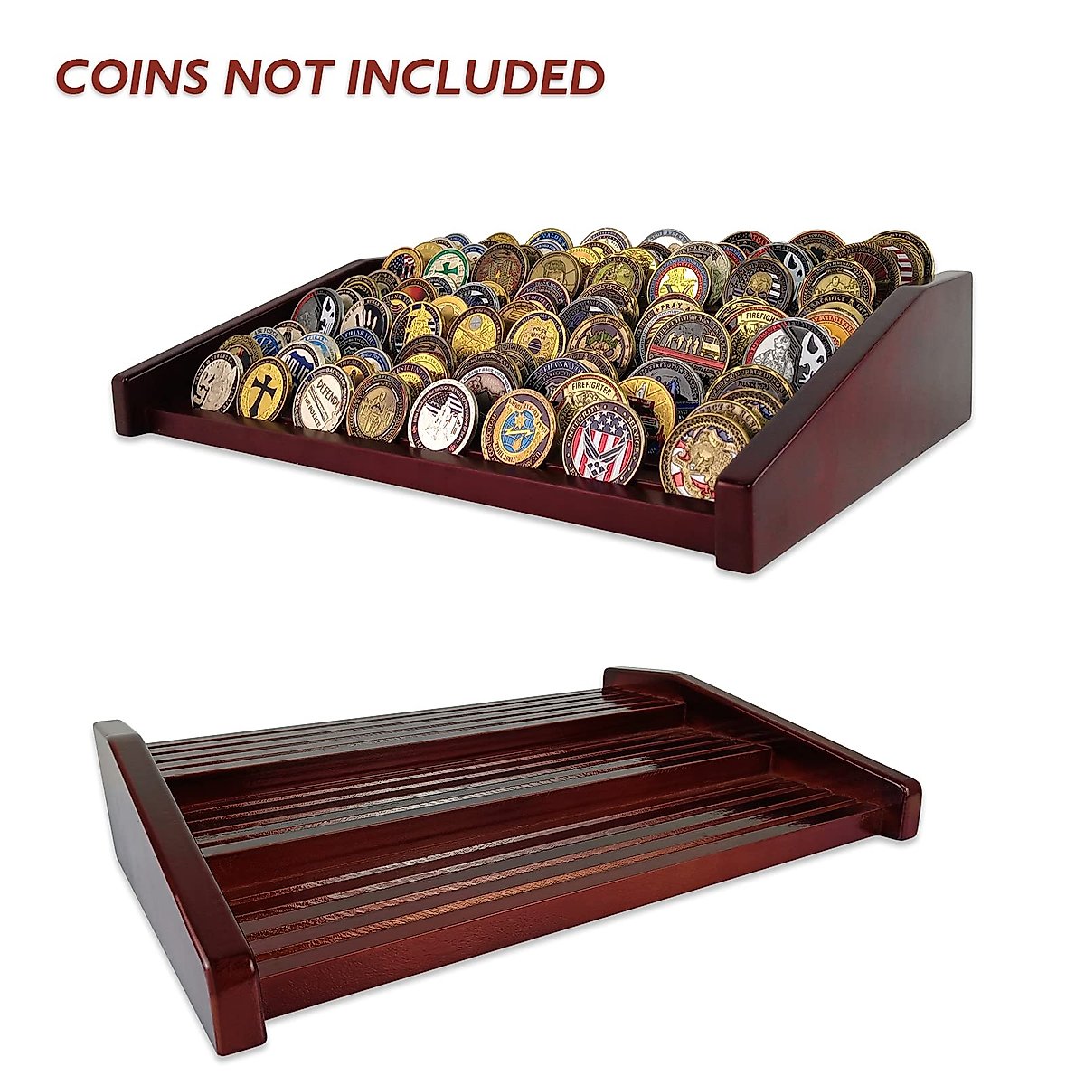 ASmileIndeep 12 Rows Military Challenge Coin Holder Display Case Holds 90-100 Coins, Solid Wood Army Coin Rack Display Stand for Desktop, Mahogany
