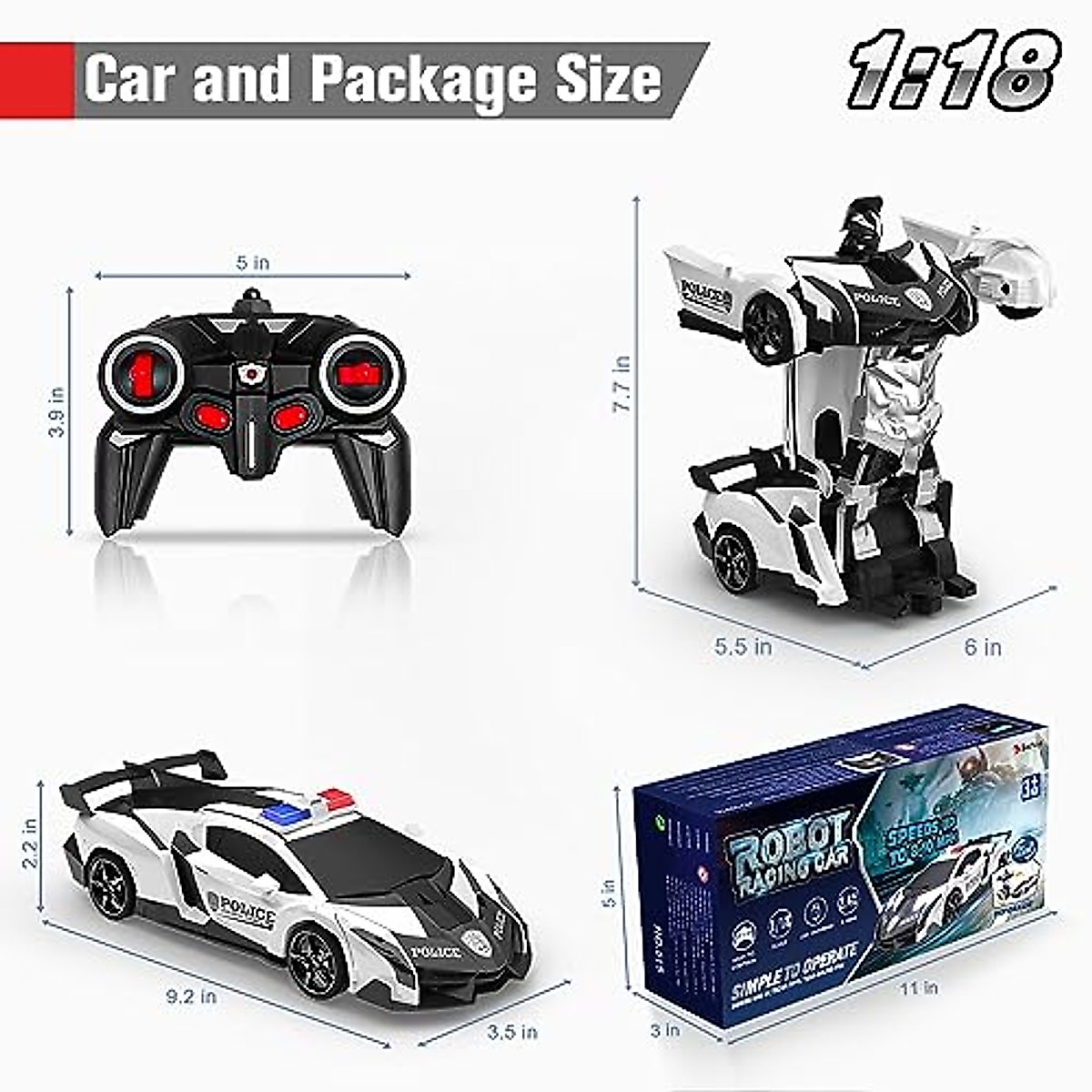 BLUEJAY Transform Rc Cars for Boys 4-7 8-12, 2.4Ghz 1:18 Scale Remote Control Car Transforming Robot, One-Button Deformation 360° Rotation and Drift Car Toy Gifts for Boys 3-5 (White)