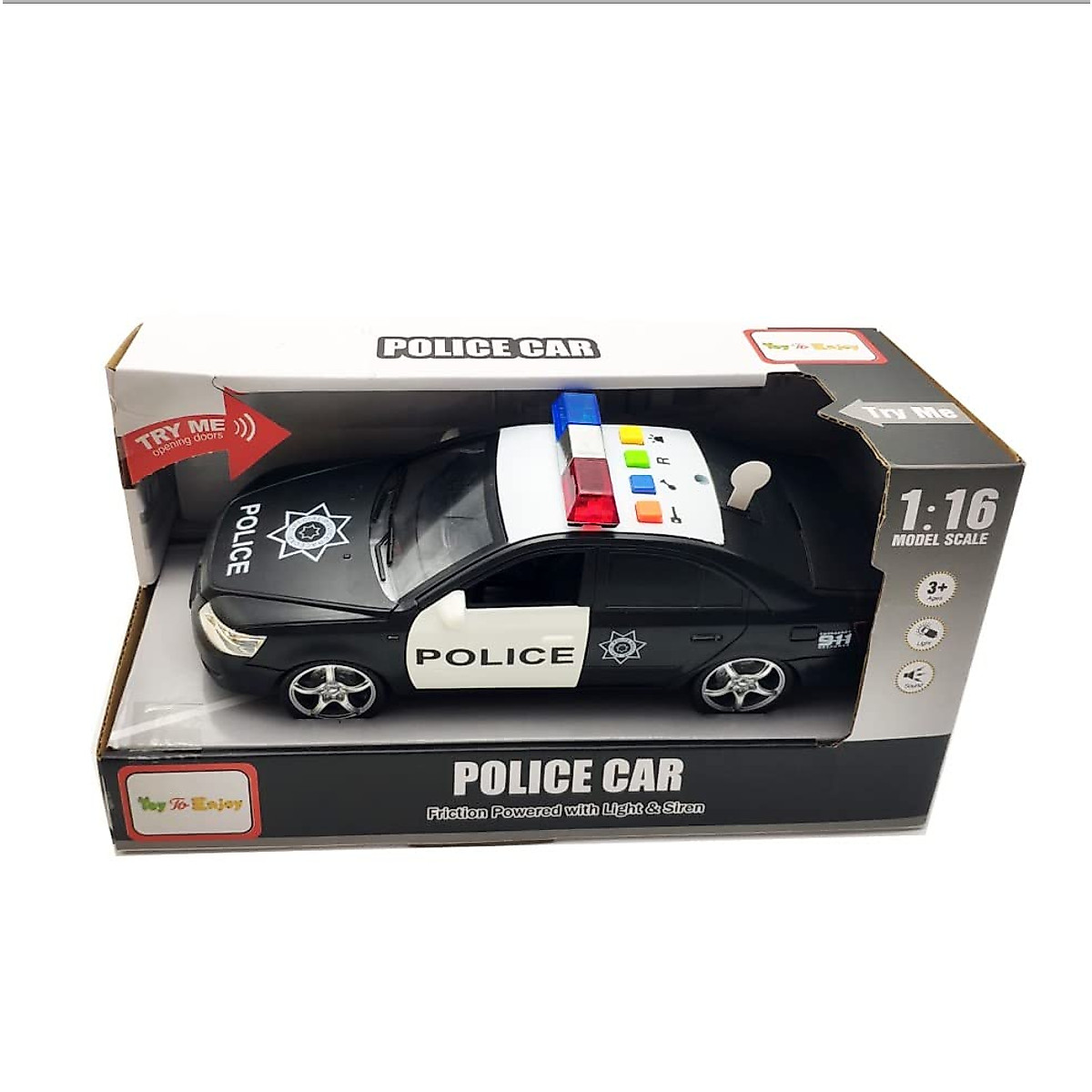 Toy To Enjoy Friction Powered Police Car with Light & Sounds – Heavy Duty Plastic Police Officer Car Toy for Kids & Boys Ages 3 and up – Openable Doors, Detailed Interior Cop Car Toy