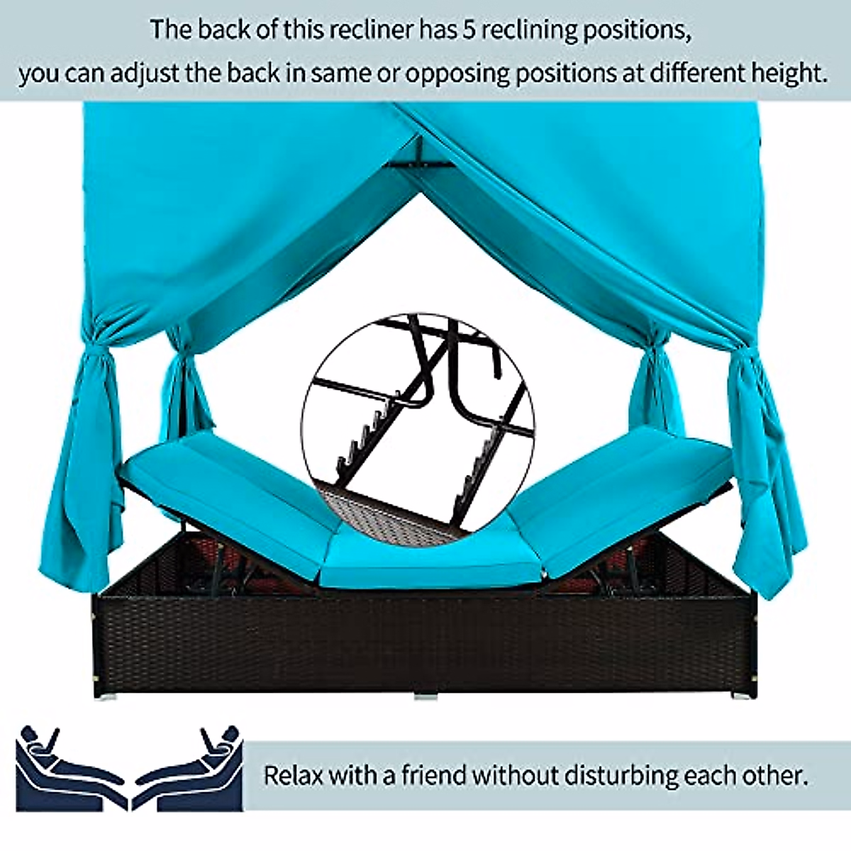 XD Designs Outdoor Patio Wicker Sunbed Daybed with Side and Overhead Curtains, UV-Proof Resin PE Rattan Adjustable Seats for Balcony Garden Backyard Poolside (Blue-1)