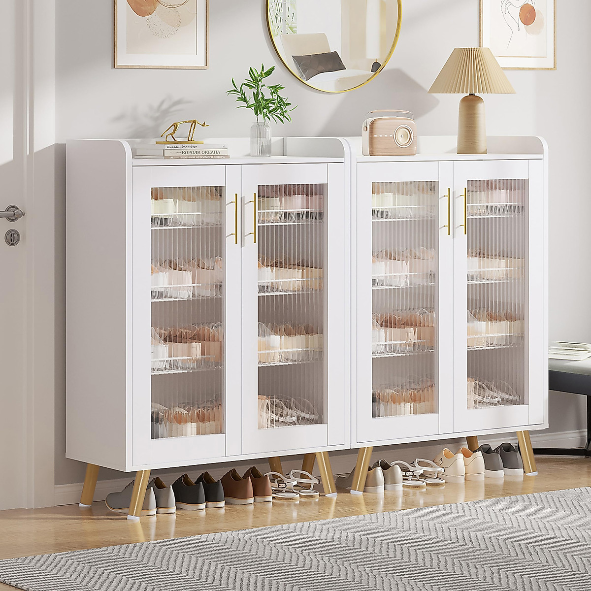 VECELO Shoe Cabinet Storage for Entryway, 4-Tier Free Standing Organizer with Doors and Shelves, Using for Hallway