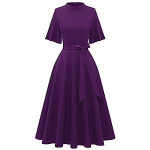 MUADRESS Women Vintage Cocktail Dresses Modest Short Sleeve Classic Tea Dresses Bridesmaid Party Homecoming Dress Grape S