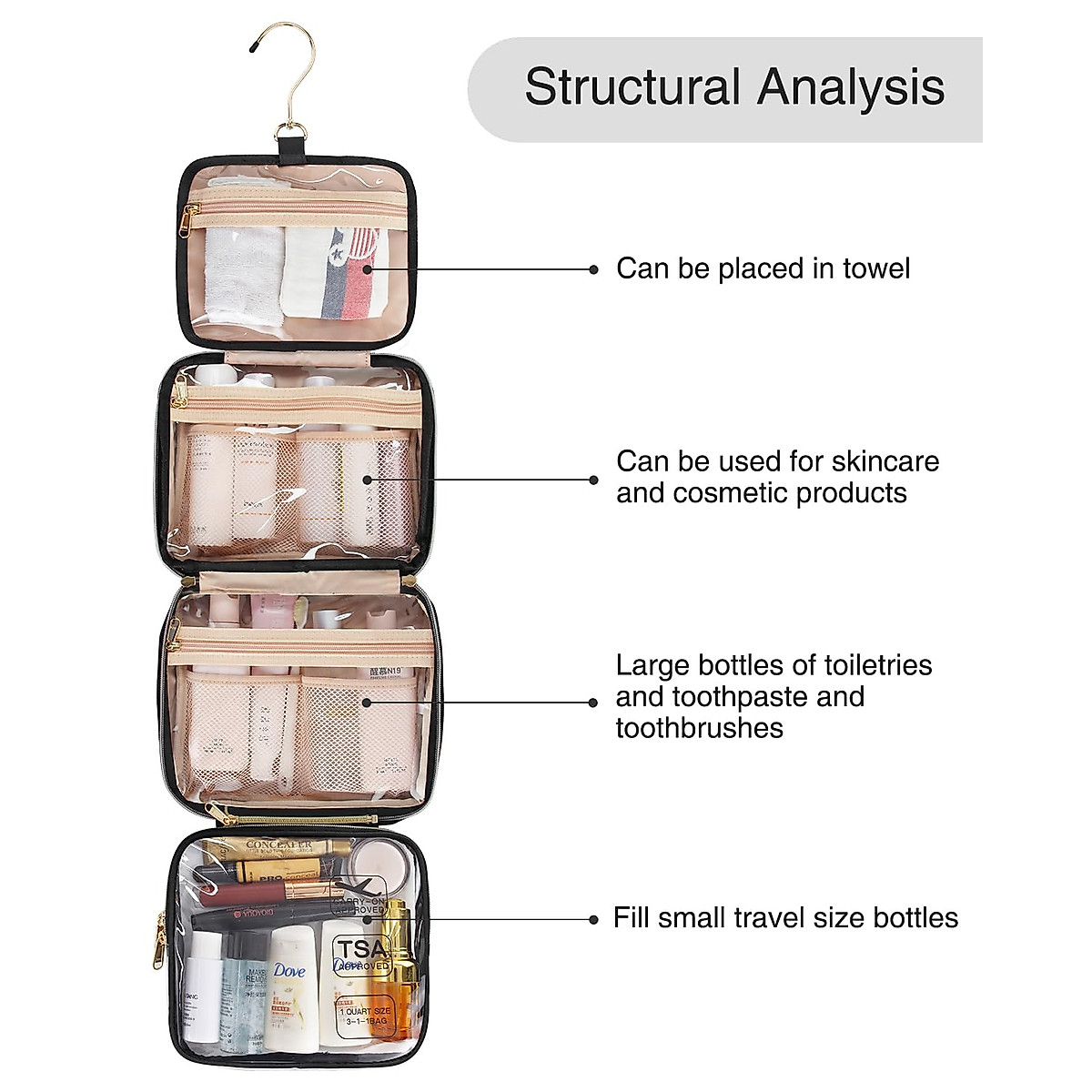 Hanging Toiletry Bag Travel Makeup Bag TSA Approved Clear Bag for Toiletries Waterproof Cosmetic Bag Toiletry Bag for Women Men Travel Toiletry Organizer for Bathroom Shower (Medium, 1-Black)