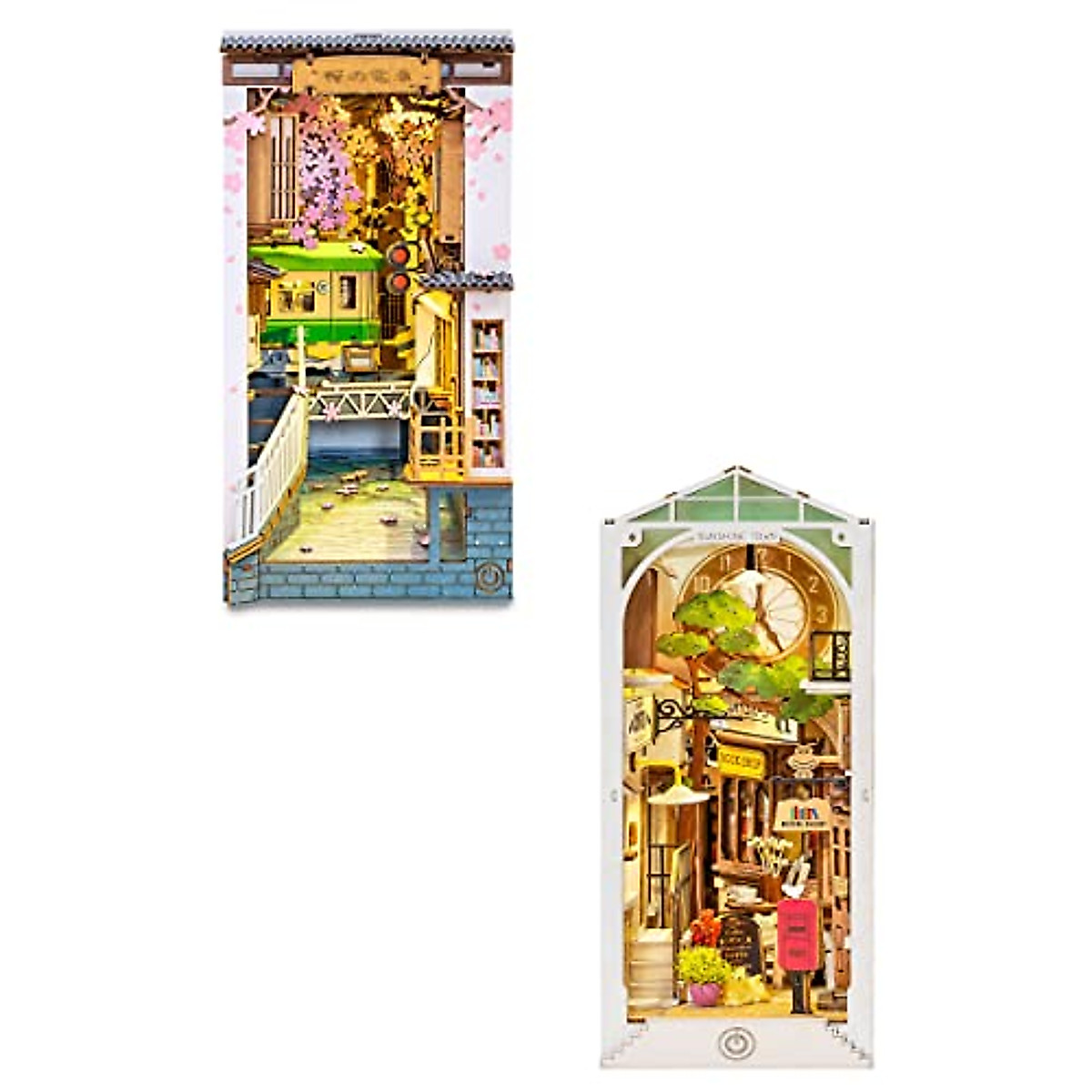 Rolife DIY Book Nook Kit Wooden Decorative Bookends for Home Decor (Sakura Densya+Sunshine Town)