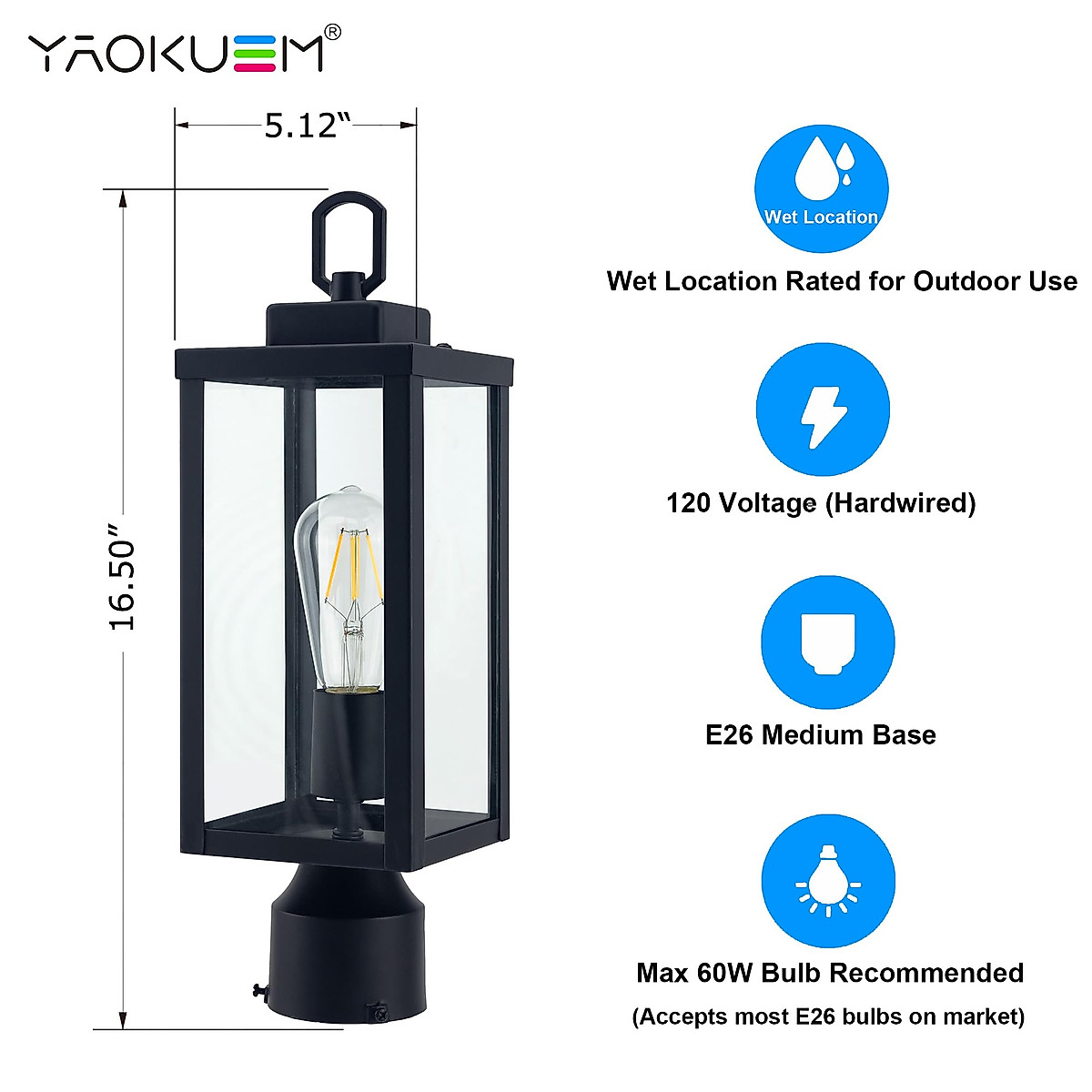 YaoKuem Outdoor Post Light, Pole Lantern, E26 Base 60W Max, Metal Housing Plus Glass, Wet Location Rated, Bulbs not Included, Matte Black, 1 Pack
