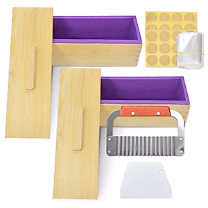 Artcome 42oz Soap Loaf Molds 2 Sets Rectangular Silicone Moulds Wooden Box with Lid, DIY Soap Making Supplies with with Stainless Steel Wavy Scraper and Plastic Straight Cutter