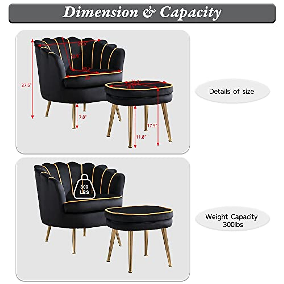 QHITTY Velvet Accent Chair with Ottoman, Upholstered Chair Modern Tufted Barrel Chair Ottoman Set for Living Room, Bedroom, Office (Black)
