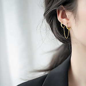 SLUYNZ 925 Sterling Silver Double Hoop Earrings Chain for Women Double Piercing Earrings Two Holes (B-Gold Plated)