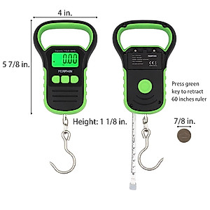(LATEST VERSION)Fishing Scale, Rubberized Fish Scale, 110pounds/50kg, Portable Fishing Scale with Travel Pouch, Digital Fish Scale with 60 inches Ruler, Large Backlight LCD Dispaly, in Black and Green