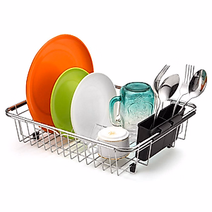 SANNO Expandable Dish Drying Rack Over The Sink Dish Drainer Dish Rack in Sink or On Counter with Utensil Silverware Storage Holder, Rustproof Stainless Steel