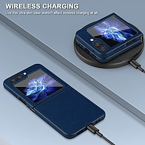 KEZiHOME for Samsung Galaxy Z Flip 5 Case Built-in Screen Protector and Tempered Glass Camera Lens Cover, Genuine Leather Slim Thin Protective Phone Case Compatible with Galaxy Z Flip 5 5G (Blue)