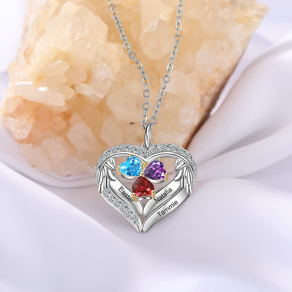 GLAMCARAT Engraved personalized 925 silver pendant necklace with 3 birthstone family jewelry mothers gift 3 child names heart shaped pendant