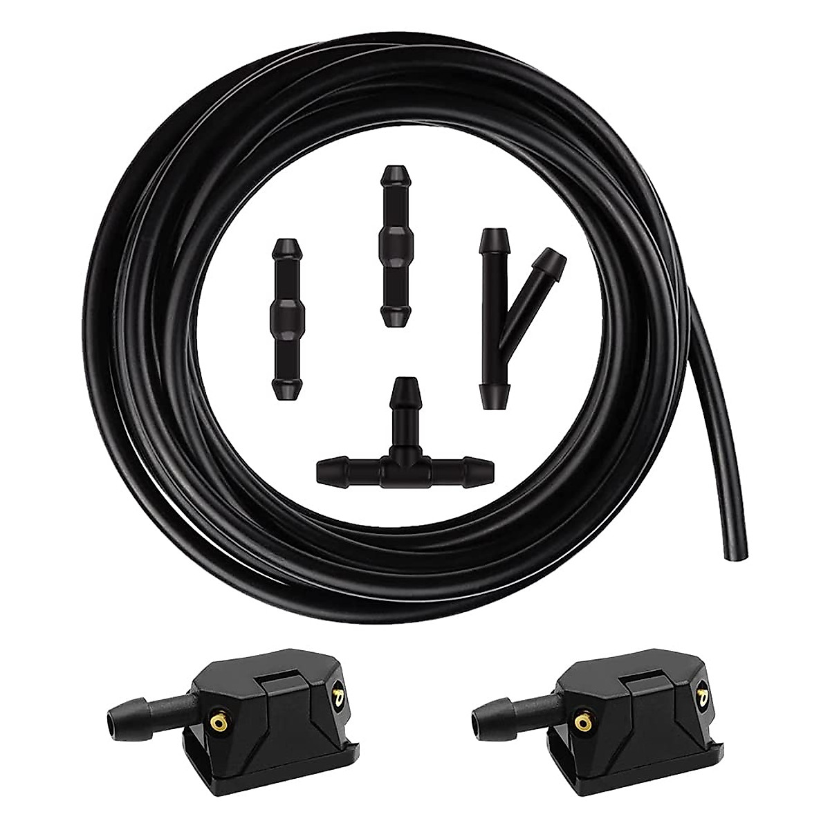 Front Windshield Washer Nozzles Kit,2Pcs 4Holes Arm-mounted Windshield Washer Nozzle+4 Pcs Hose Connectors+4M Washer Fluid Hose Automotive Replacement Windshield Wiper Nozzles for Lorry