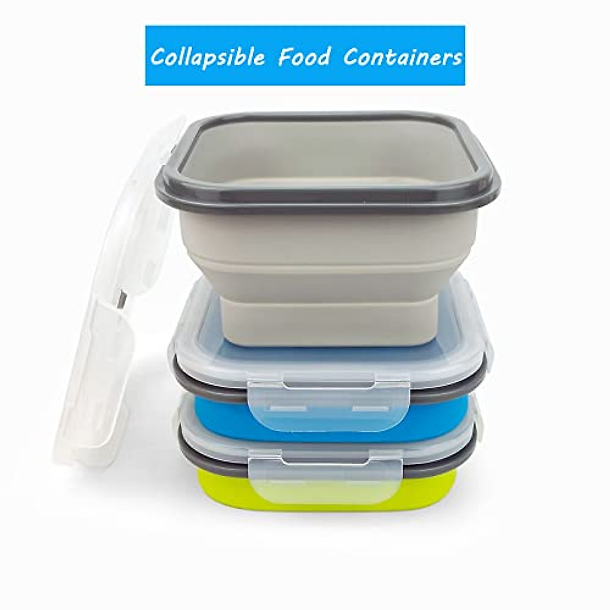 Lunbengo Set of 3 Collapsible Food Storage Containers with Lids, 5.9 x 5.9 x 3.3inch Silicone Lunch Container Bento Box for Sandwiches Salads Snacks Cereal, Microwave Safe, 900ml