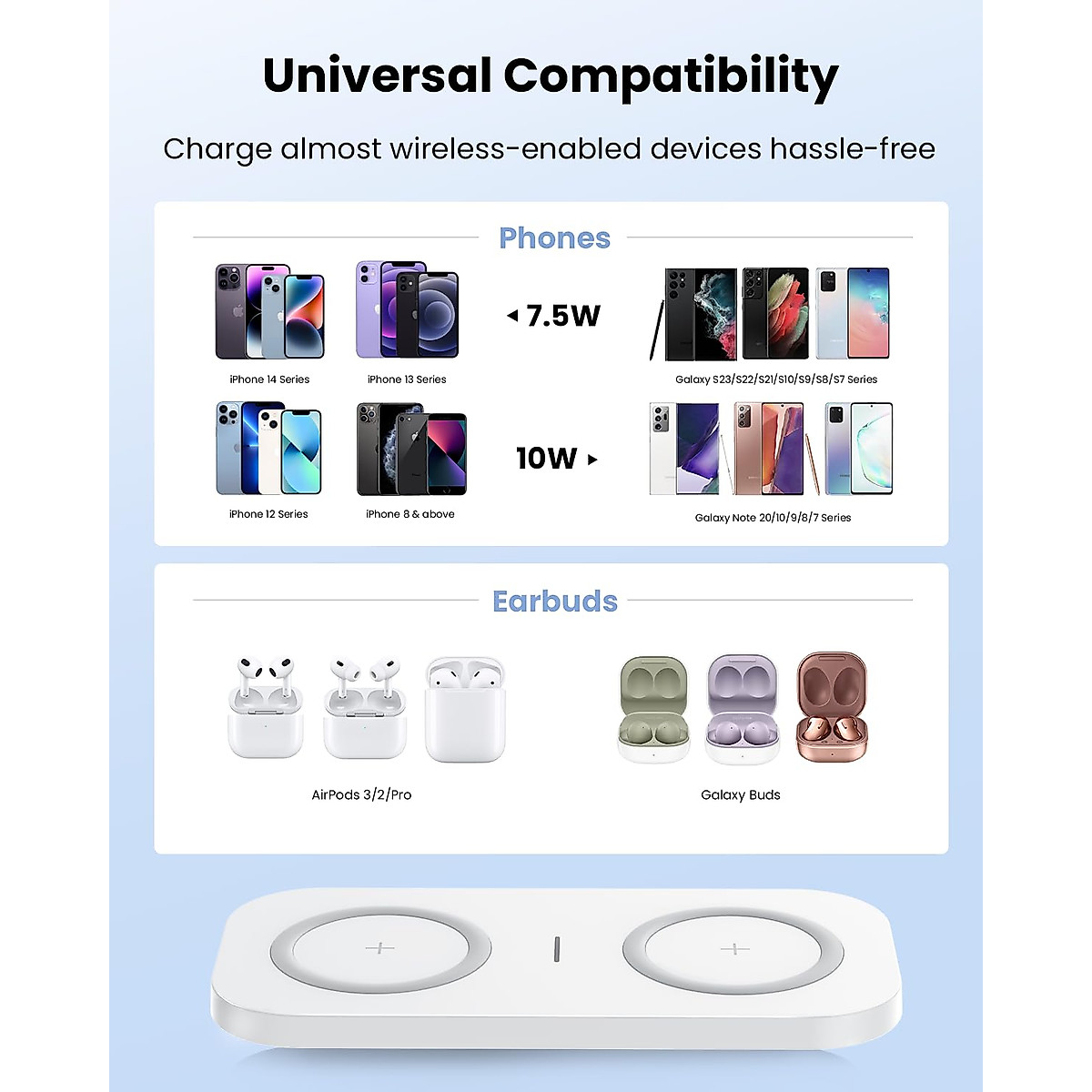 2 in 1 Wireless Charging Pad - 10W Max Wireless Charger for Apple iPhone 15/14/14 Plus/14 Pro Max/13/12/Mini/11/SE/X/8, Airpods 3/2/Pro, Wireless Phone Charger for Samsung S22/S21, Dual Charging Pad